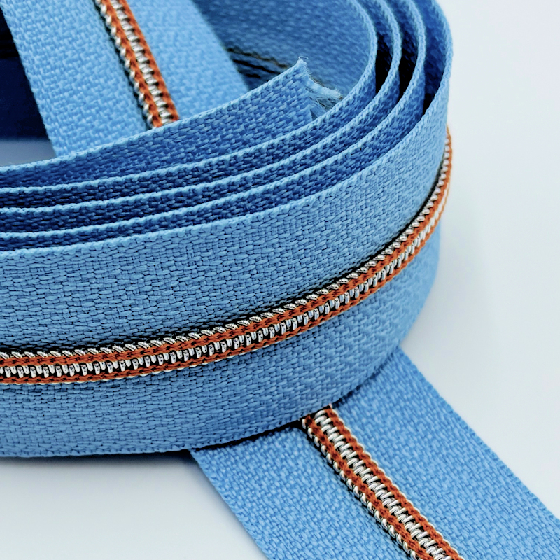 Stofftanten - Himmelblau Silber Orange, Feiner Reißverschluss Meterware